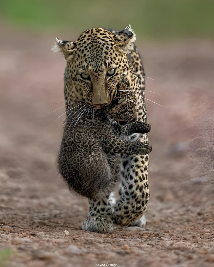 A Leopard Carrying Its Cub stock image. Image of life - 316120065
