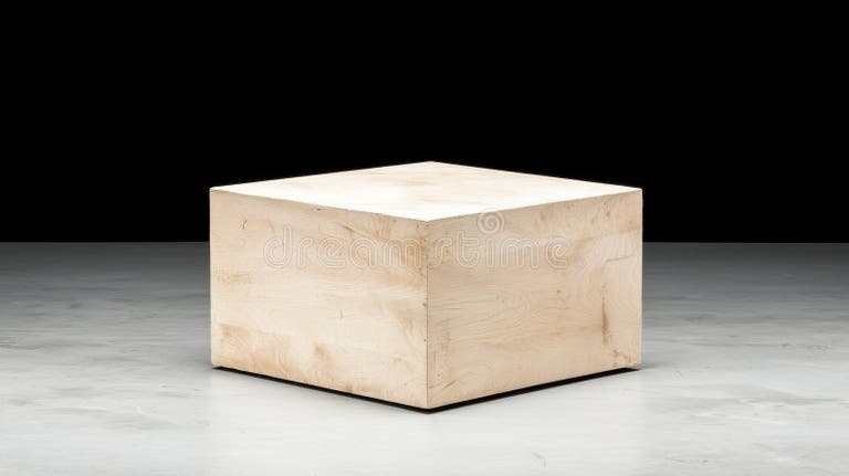 A Light Beige Cube Sits on a White Marble Floor Against a Black ...