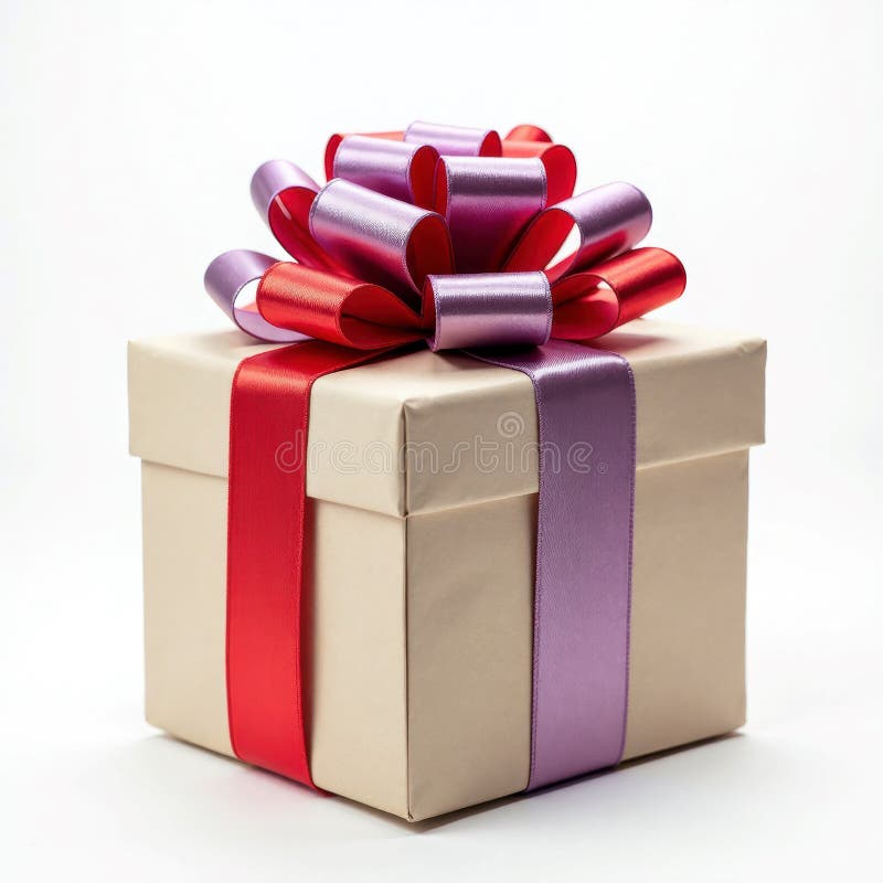 Image Shows a Light-colored, Rectangular Gift Box with Red and Purple ...