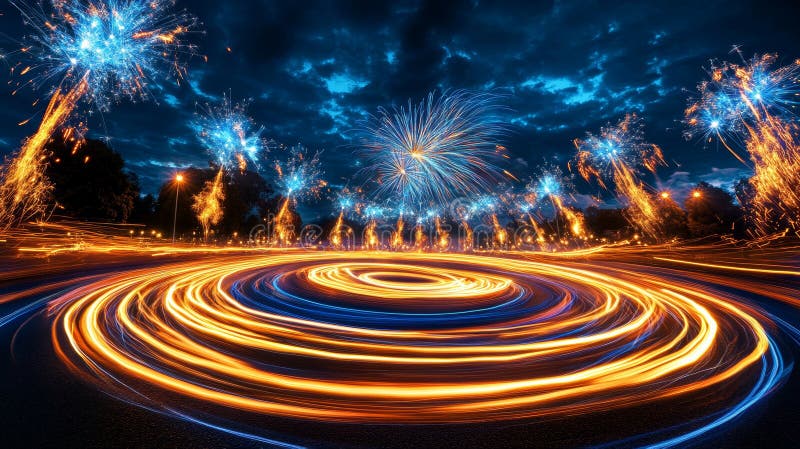 Fireworks Light Trails Over City Skyline Stock Illustration ...