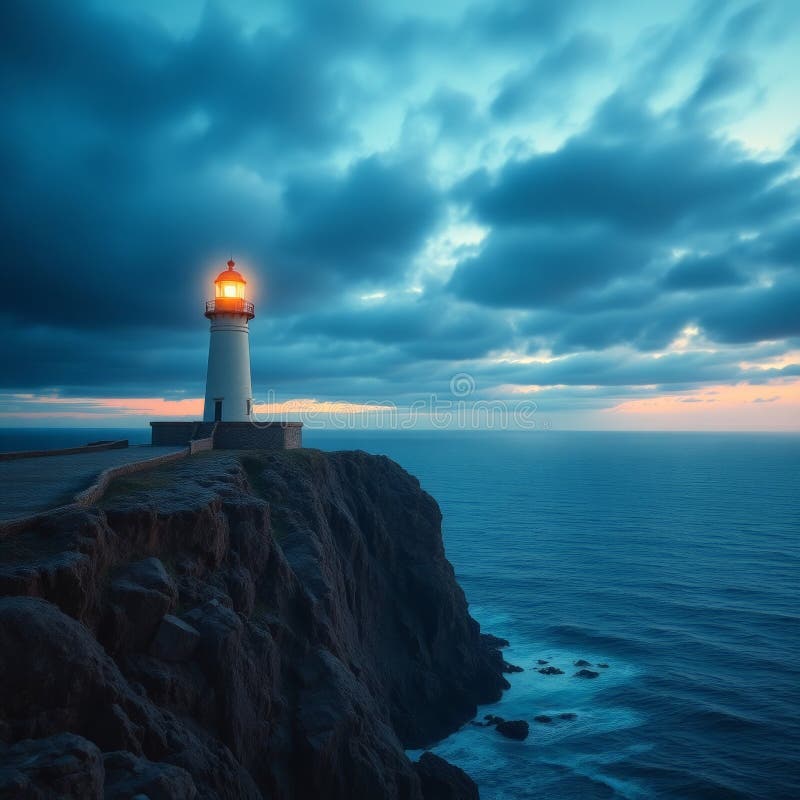 Lighthouse Beacon Illuminates Rocky Cliff at Sunset with Dramatic Sky ...