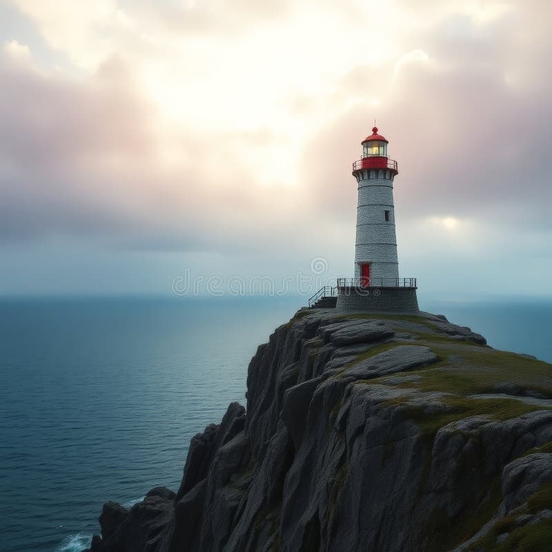 Lighthouse Beacon Illuminates Rocky Cliff at Sunset with Dramatic Sky ...