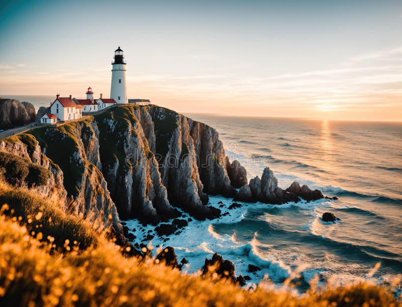 A Lighthouse on a Cliff Overlooking the Ocean at Sunset. Stock Photo ...