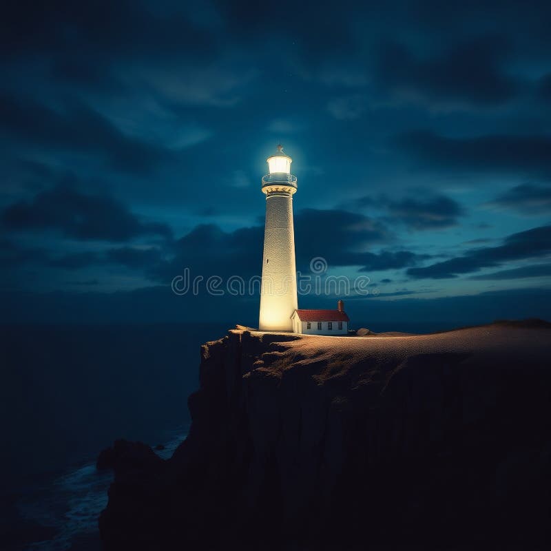Lighthouse Beacon Illuminates Rocky Cliff at Twilight, Guiding Ships ...