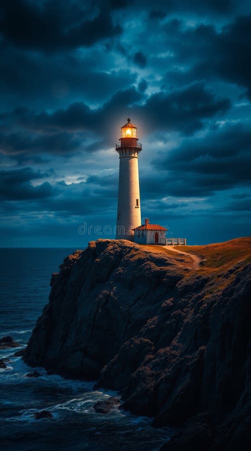Lighthouse Beacon Illuminates Rocky Cliff at Twilight, Guiding Ships ...