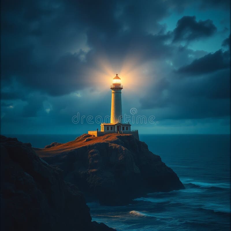 Lighthouse Beacon Illuminates Rocky Cliff Twilight Guiding Ships Dark ...