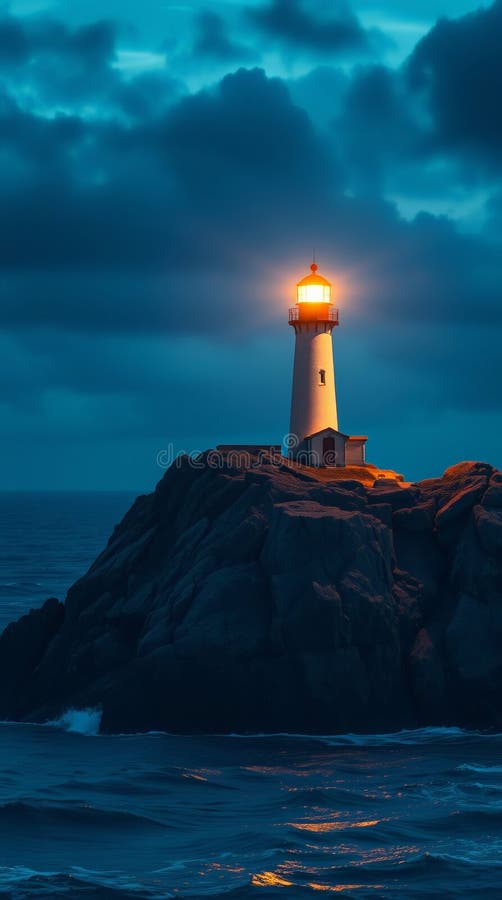 Lighthouse Beacon Illuminates Rocky Cliff at Twilight, Guiding Ships ...