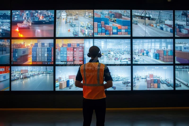 A Worker Observes Multiple Screens Displaying Cargo Containers and ...