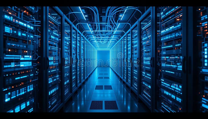 Blue Lit Server Room Data Center Corridor Stock Illustration ...