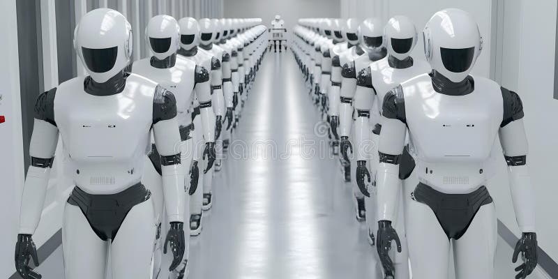 Robots Lined Up in Futuristic Corridor Stock Illustration ...