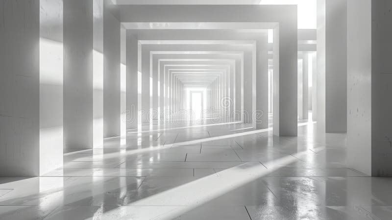 The Image Shows a Long, Empty Hallway with White Walls and a Shiny ...