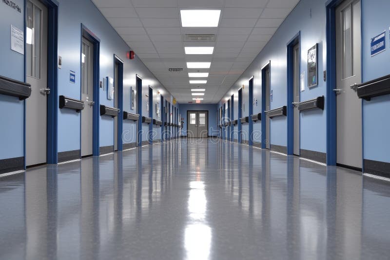 Long Hospital Corridor with Shiny Floor and Blue Walls Stock ...