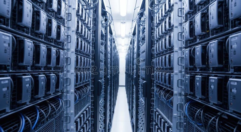 Server Room: a Corridor of Data Storage Racks Stock Illustration ...