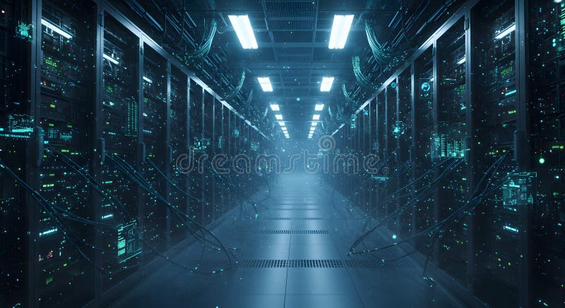 Server Room with Glowing Lights and Cables Stock Illustration ...