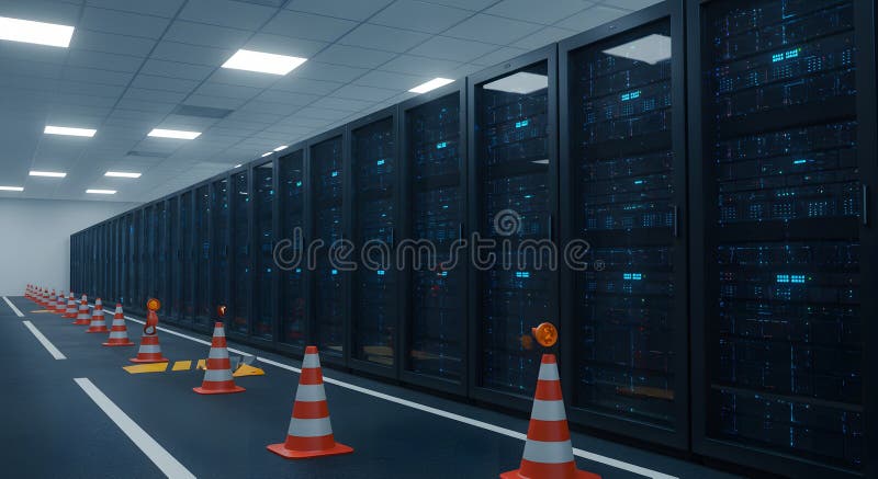 Server Room Maintenance: Cones and Data Racks Stock Illustration ...