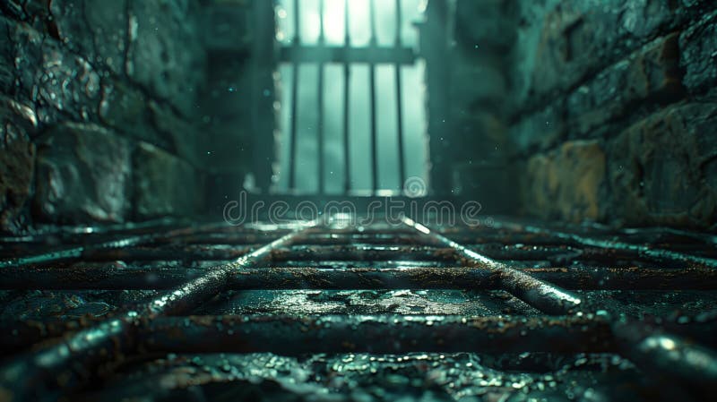 A Low Angle View of a Wet, Rusty Metal Grating in a Dark, Stone Dungeon ...