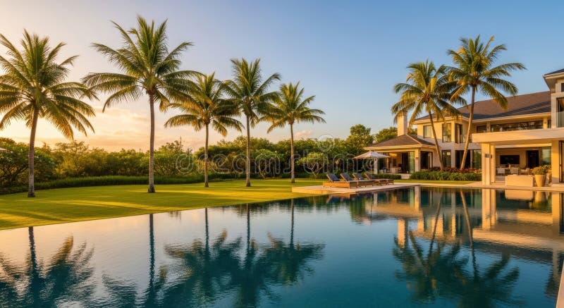 Luxury Home with Infinity Pool and Palm Tree Reflections Stock ...