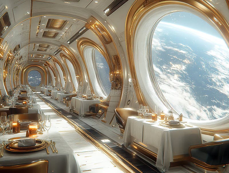 Image Shows a Luxurious Spacecraft Interior with Gold Accents, Large ...