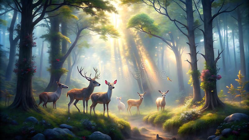 The Image Shows a Magical Forest with a Small Clearing Where Five Deer ...