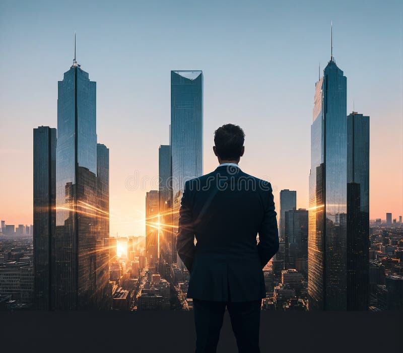 A Man Standing in Front of a City Skyline at Sunset. Stock Image ...
