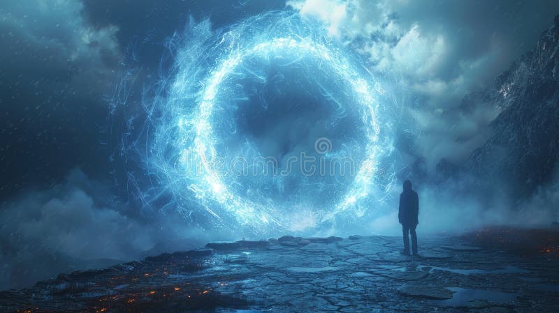 The Image Shows a Man Standing in Front of a Portal To Another World ...