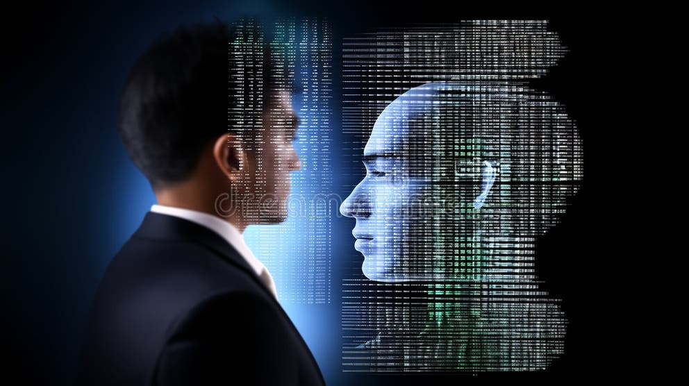 The Image Shows a Man in a Suit with a Digital Human Head Profile Made ...