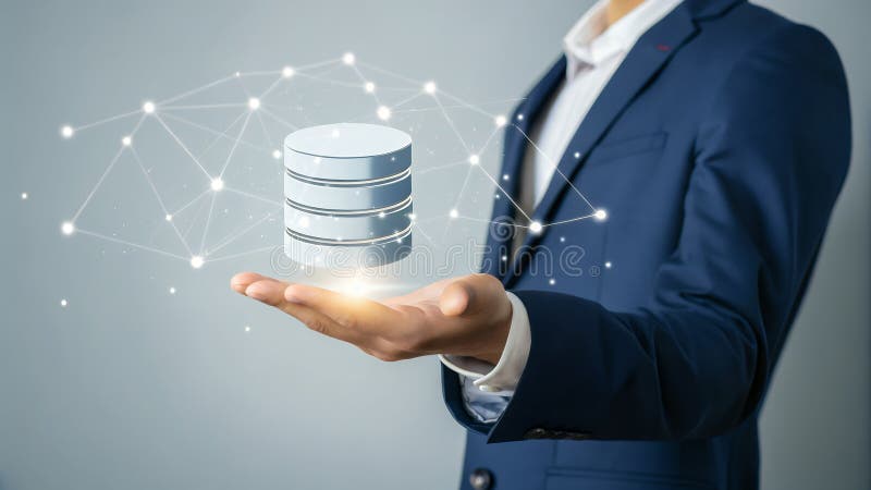 Man in Suit Holding a Database Icon with Glowing Connections in a ...