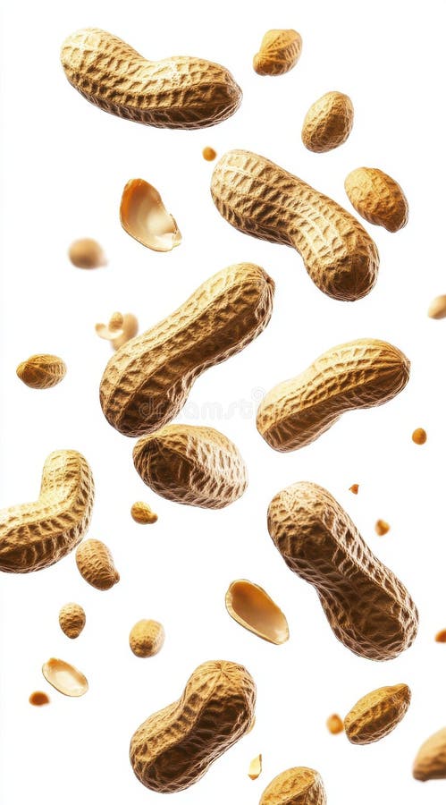 Falling Peanuts on White Background Close Up of Brown Nuts and Shells ...