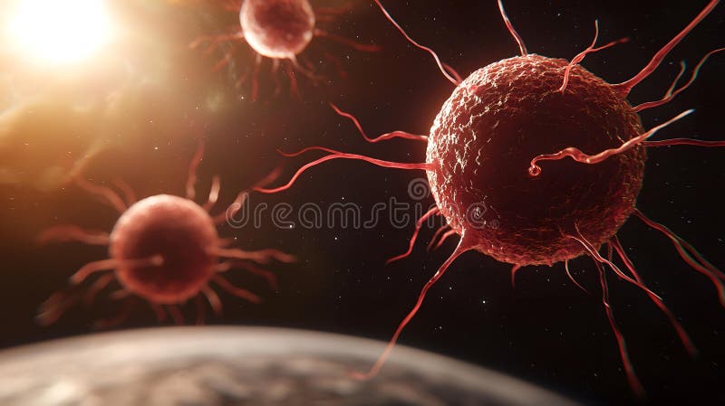 The Image Shows a Microscopic View of Several Red, Spiky Cells ...