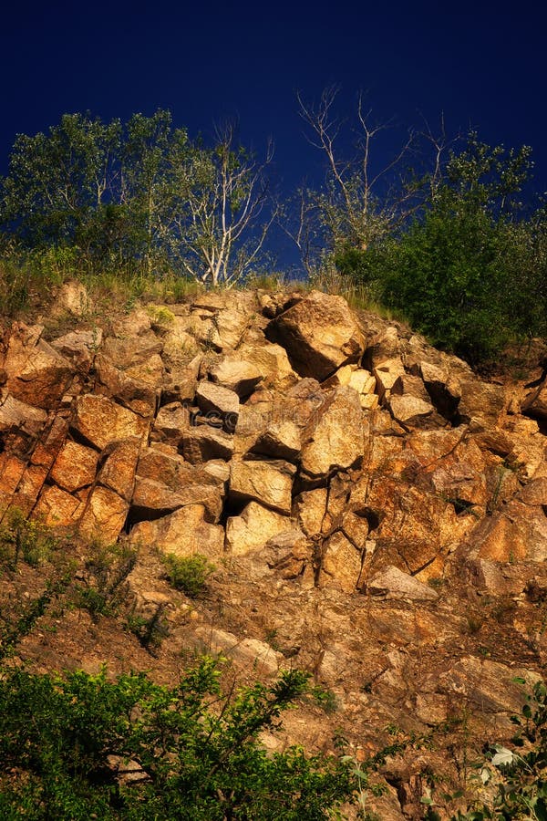 The Image Shows a Mix of Rough Rocks and Vibrant Greenery Under Blue ...