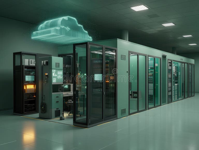 Image Shows a Modern Data Center with Green Servers, Symbolizing Eco ...