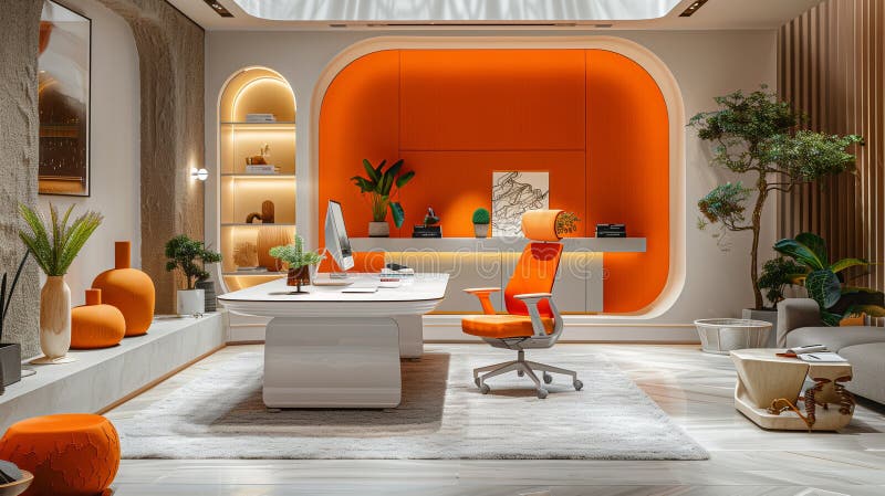 Modern Office Interior with Orange Accent Wall and White Desk Stock ...
