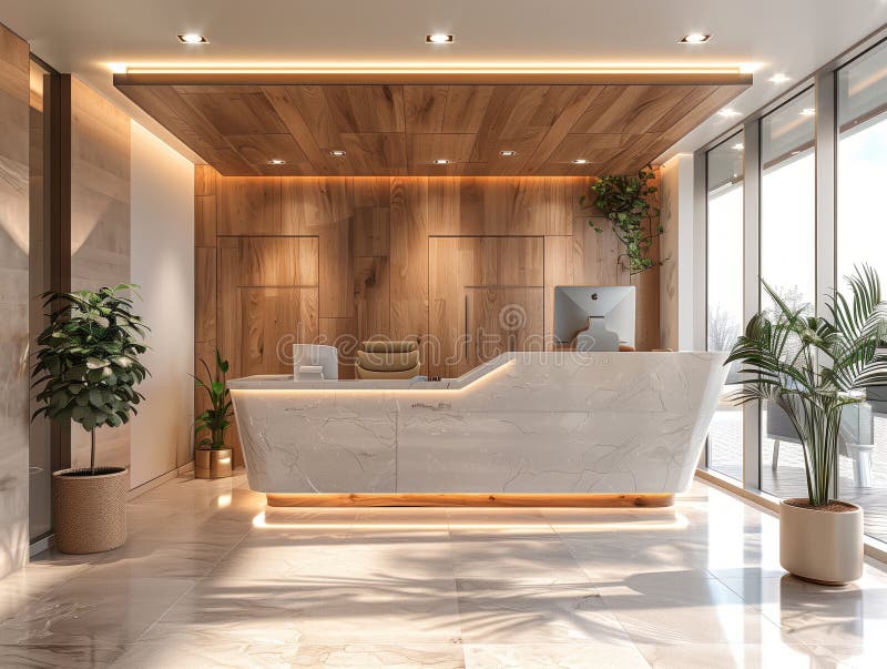 Modern Office Reception Area with Wooden Walls and Marble Counter Stock ...