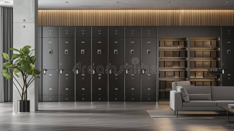 The Image Shows a Modern Office Space with a Large, Dark Gray Wall of ...