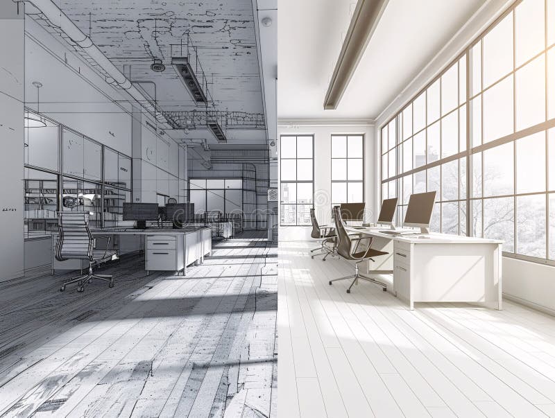 Modern Office Transition from Technical Drawing, Blueprint To Reality ...