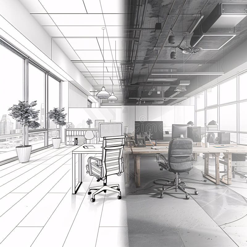 Modern Office Transition from Technical Drawing, Blueprint To Reality ...