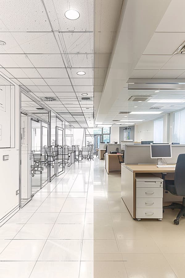 Modern Office Transition from Technical Drawing, Blueprint To Reality ...