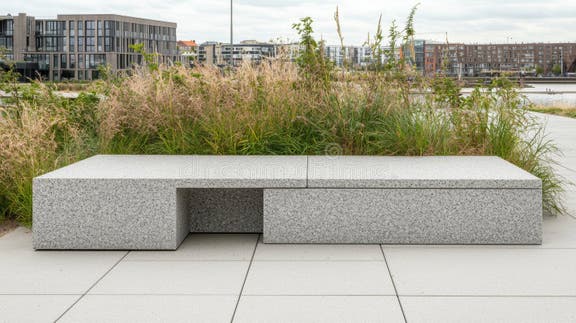 A Modern Concrete Bench with a Curved Backrest Sits on a Tiled Patio ...