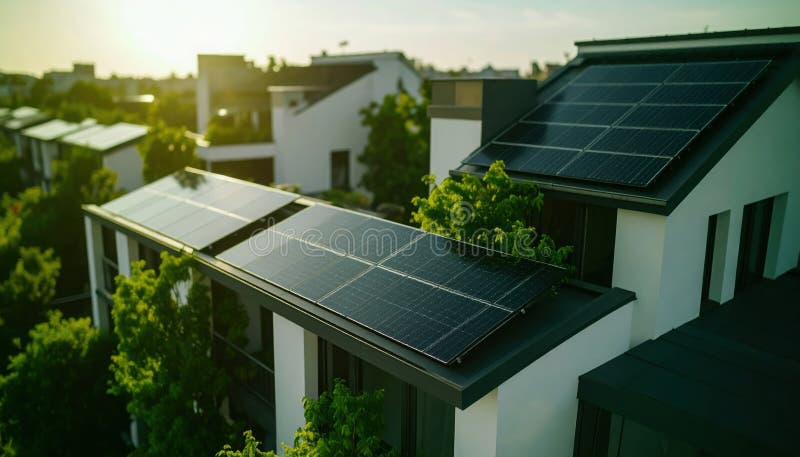 Image Shows Modern Residential Buildings with Rooftop Solar Panels ...
