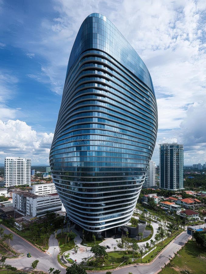 The Image Shows a Modern Skyscraper with a Unique Curved Design ...