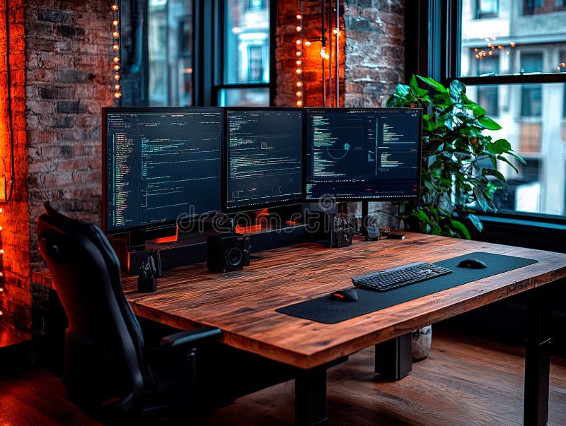 Image Shows a Modern, Tech-oriented Office Desk Setup with Three Computer Monitors Displaying ...