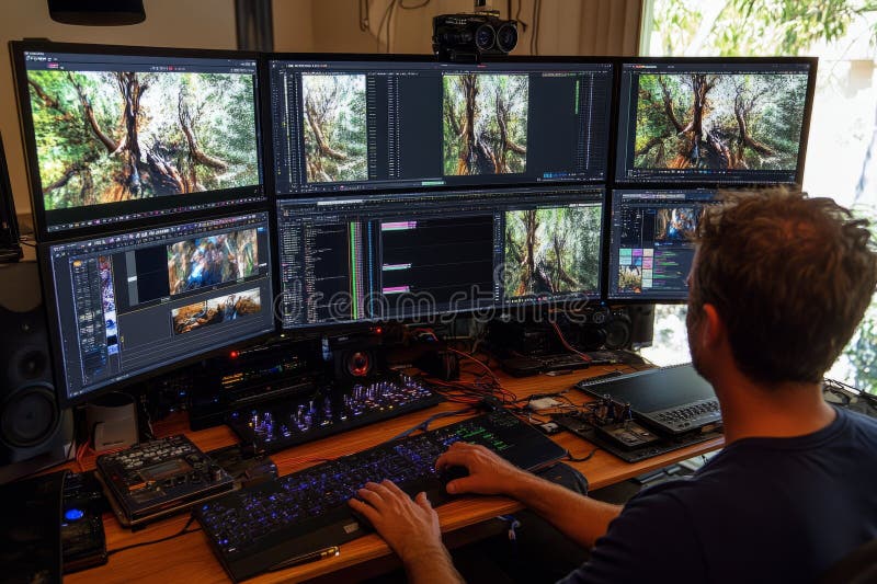 A Creative Workspace with Multiple Screens. a Person is Editing Videos ...