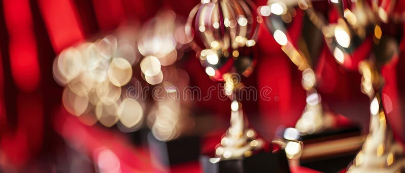 Golden Trophies on Red Stage at Award Ceremony Stock Photo - Image of ...