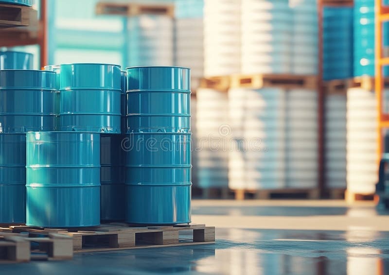 Stacked Blue Plastic Drums on Pallets in a Warehouse Ready for Shipment ...