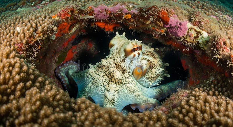 Octopus Hiding in Coral Reef Underwater Scene Stock Illustration ...