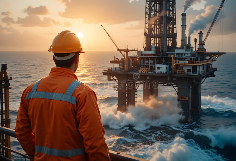 Offshore Worker Gazing at Oil Rig at Sunset Stock Illustration ...