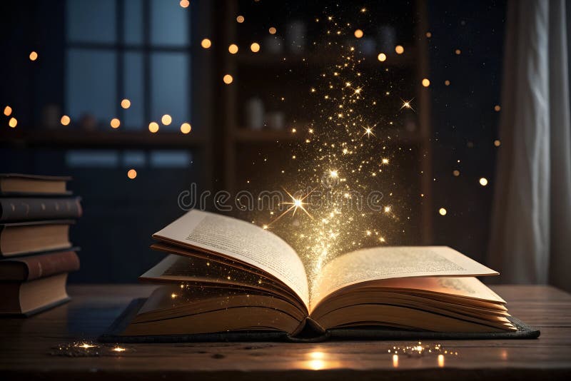 Magical Open Book with Sparkling Stars and Light on Glittering Surface ...