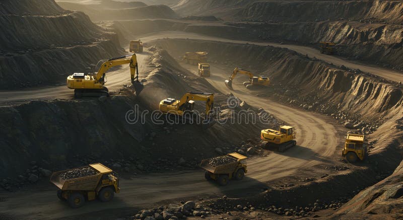 Open Pit Mining Operation Excavators Dump Trucks Work Stock Photos ...
