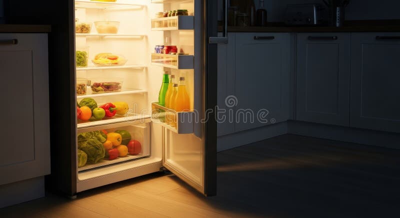 Open Refrigerator in a Dark Kitchen at Night Stock Illustration ...