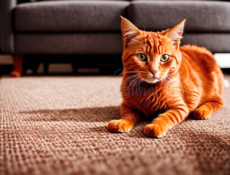 A Orange Tabby Cat Lying on the Floor in Front of a Couch. Stock Image ...